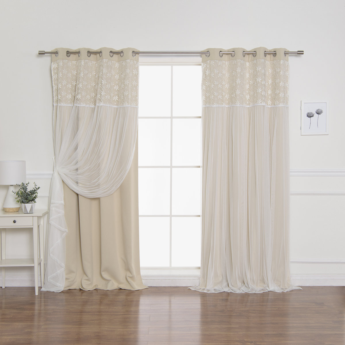 Gracie Oaks Everina Lace Overlay Nature Floral Room Darkening Thermal Grommet Curtain Panels ...